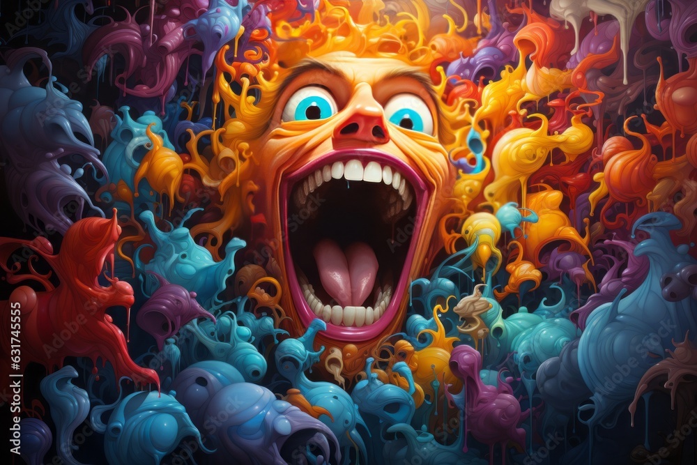 A colorful clown with teeth and a mouth open in the middle of an ...