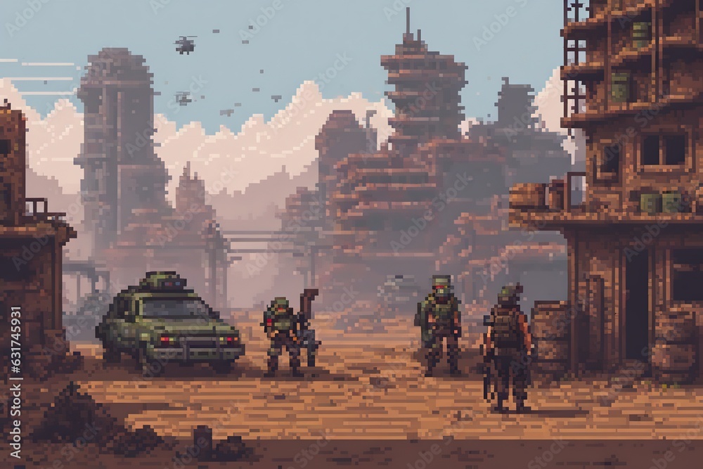 Pixelated battle scene with soldiers and military vehicles on the ...