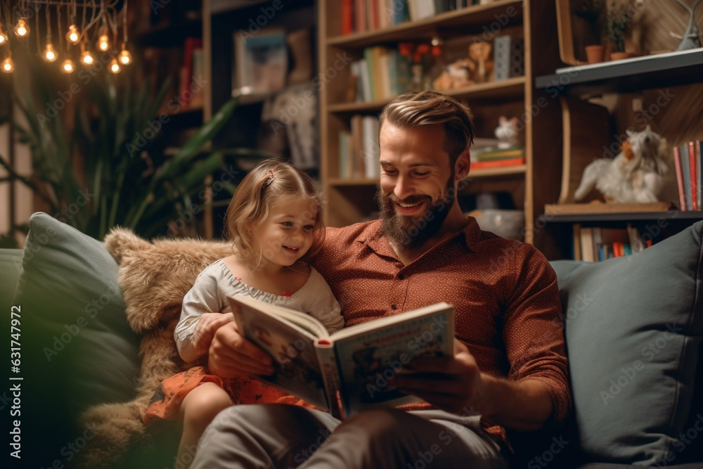 father and his daughter sit together on the sofa, engrossed in a ...