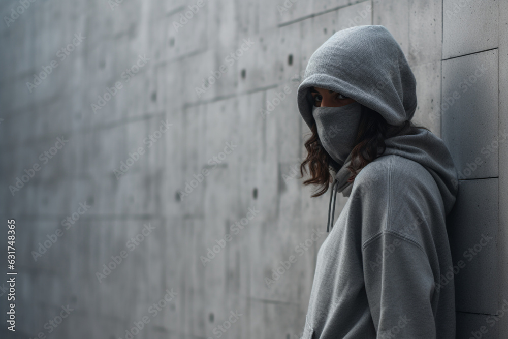 Unrecognizable hooded female person facing concrete wall as ...