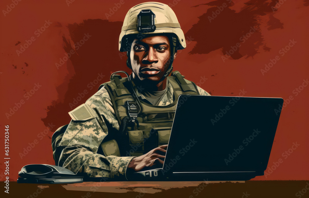 An illustration of a serious African American soldier using a laptop ...