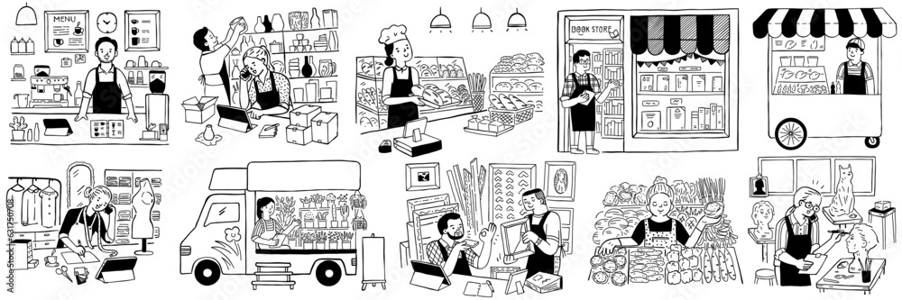 Cute vector illustration doodle line art of small business owner. Black ...