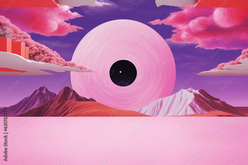 Giant pink eye - disc in a pink desert with mountains and floating ...
