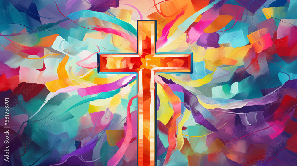 A vibrant artwork of a Christian cross adorned with colorful ribbons ...