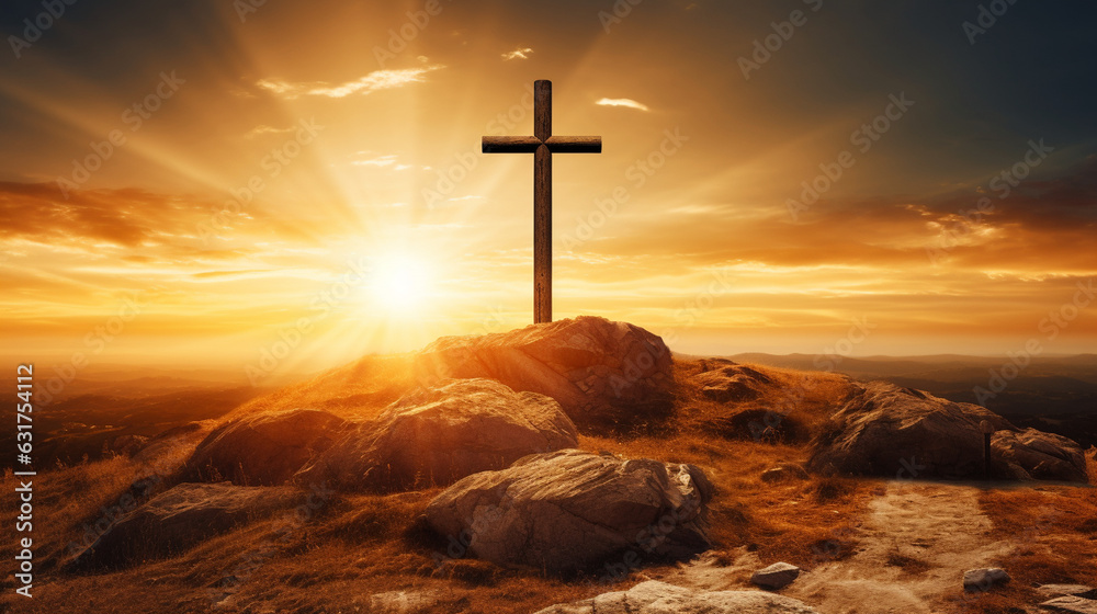 An uplifting image of a Christian cross atop a hill, bathed in golden ...