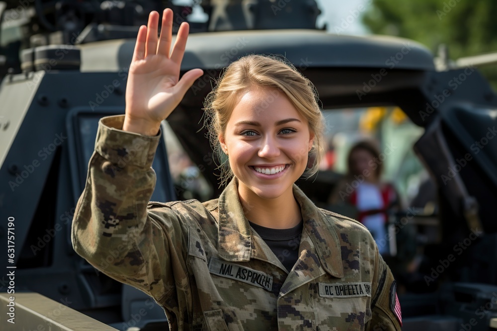 young military woman saluting waving his hand on his return home Stock ...