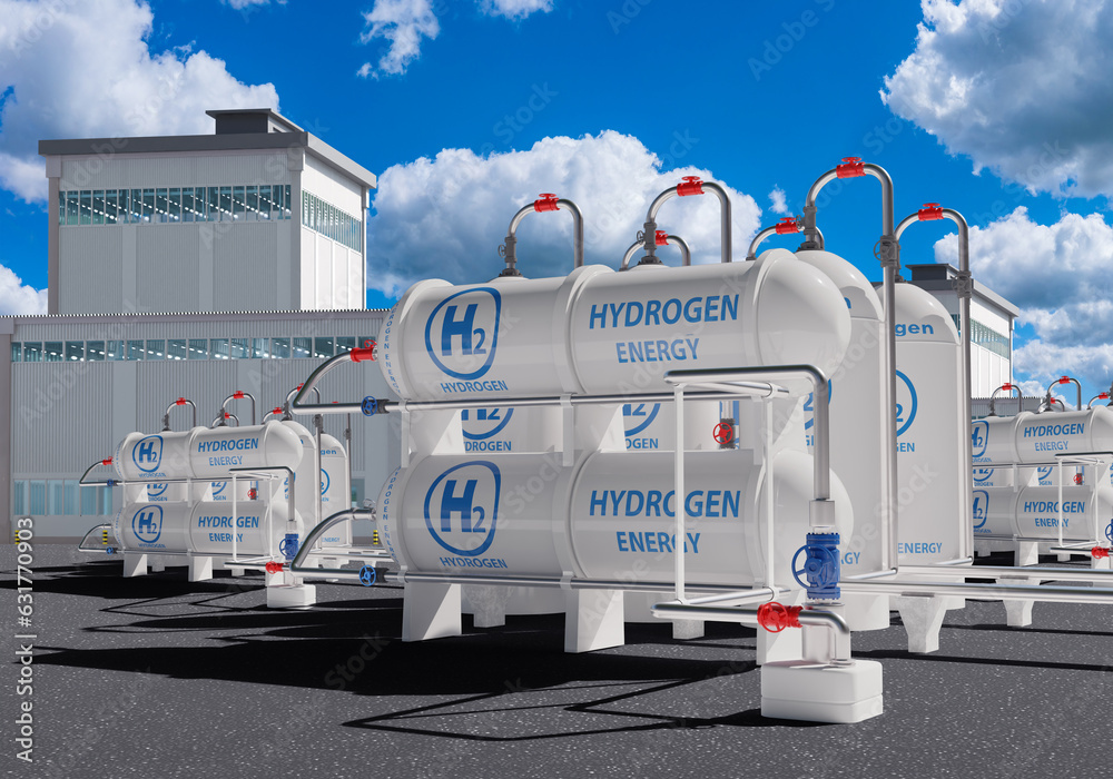 Hydrogen factory. Factory exterior. Cylindrical high pressure tanks ...