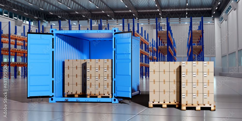Cargo container. Warehouse hangar. Cardboard boxes on pallets ...
