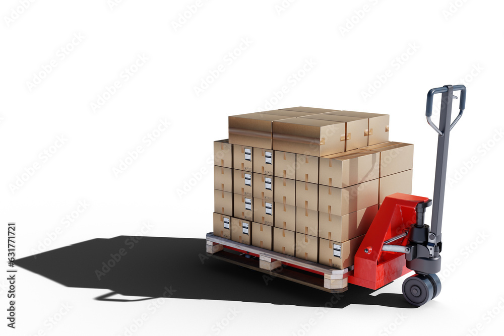 Pallet jack with boxes. Hydraulic warehouse trolley. Pallet jack with ...