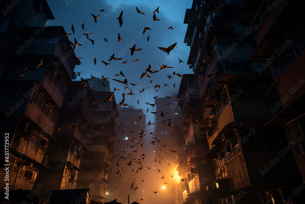 extraordinary shot of bats emerging from a rooftop or building at dusk ...