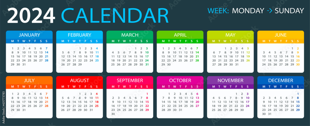 2024 Calendar - vector illustration. Week starts on Monday Stock Vector ...