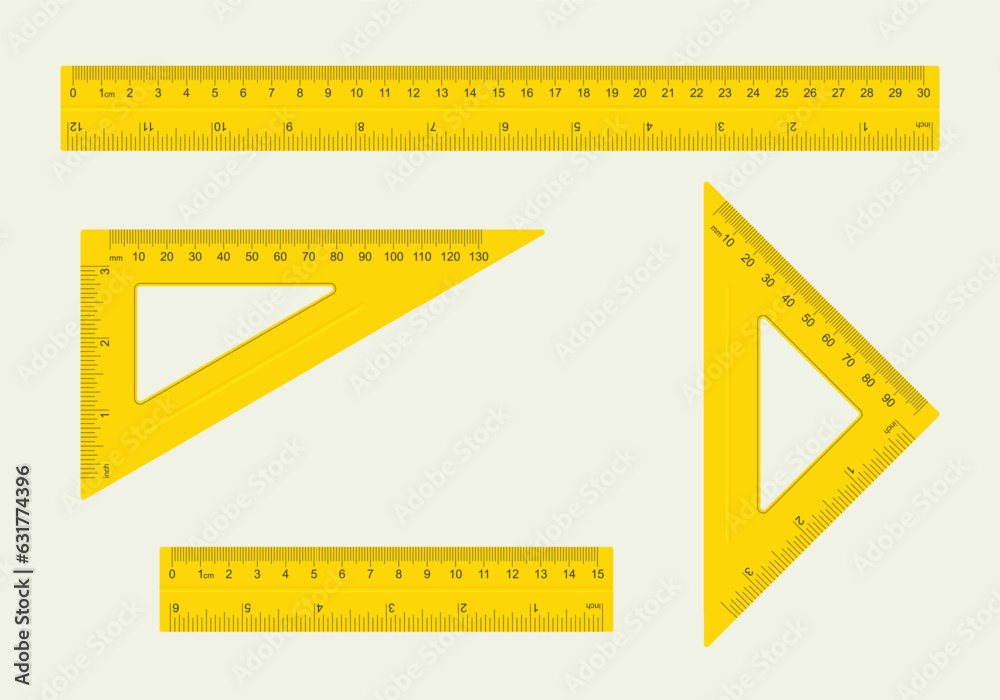 Set of different type of ruler, yellow ruler with measure in ...