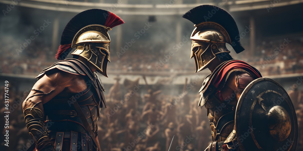 Two Roman gladiators stand face to face in the arena for battles in the ...