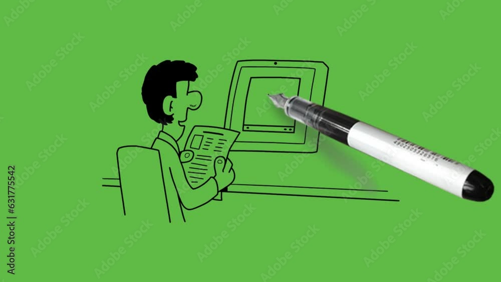 draw backside of young man sit on chair work on computer place on table ...