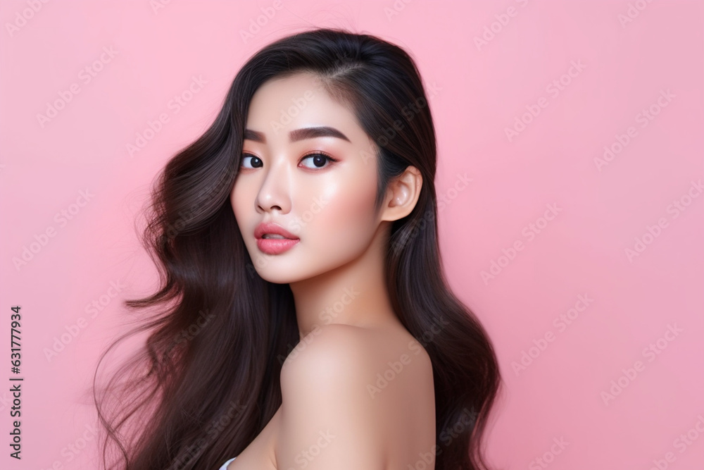 Young Asian beautiful woman Curly long hair with korean makeup style on face and clear smooth ...