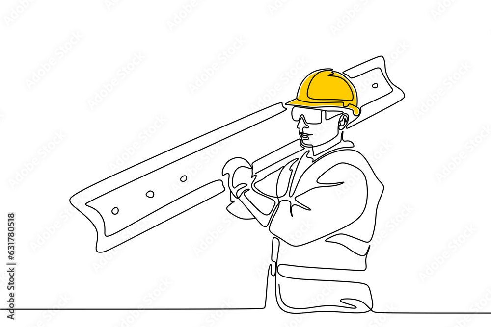 Single continuous line drawing of young construction worker. Building ...