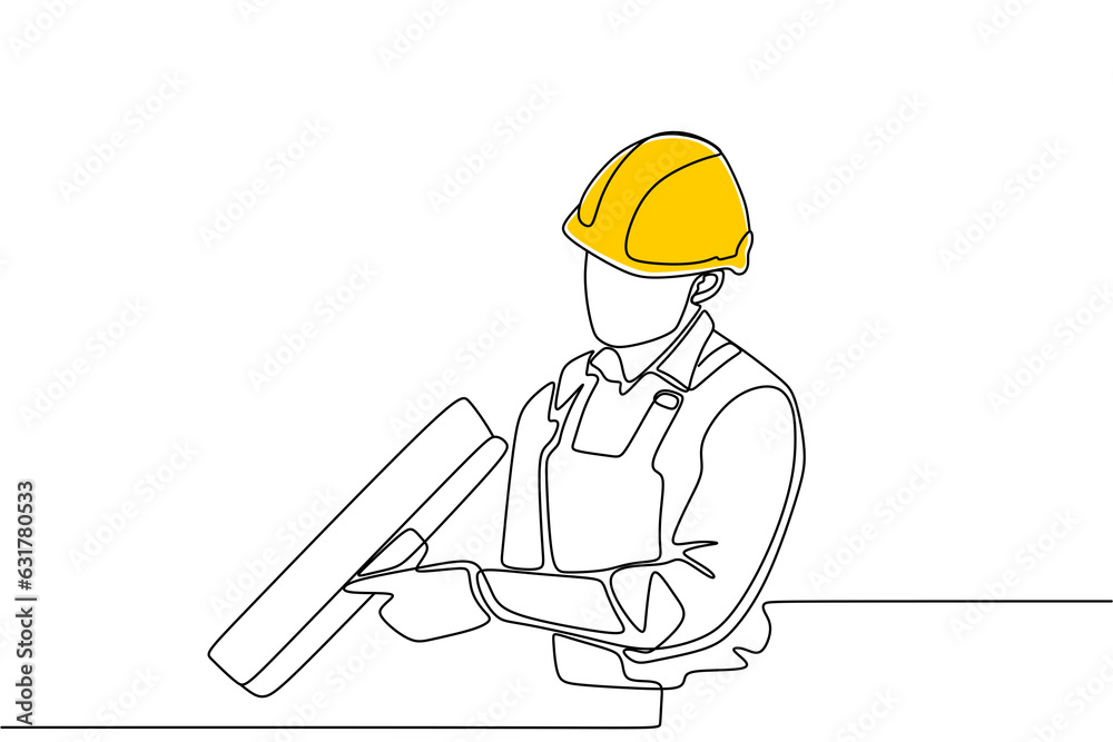 Single continuous line drawing of young construction worker. Building ...