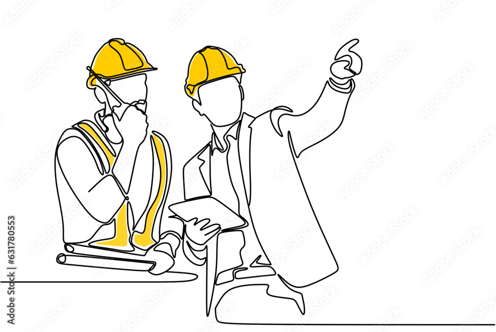 Single continuous line drawing of young construction manager giving ...