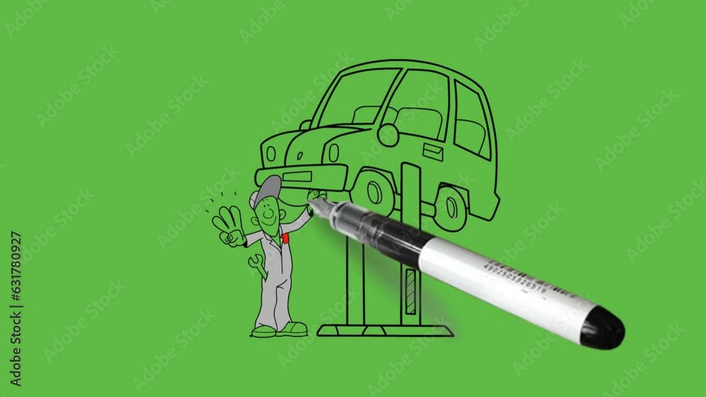 draw mechanic repair car lift up on jeck with his tools and instruments ...