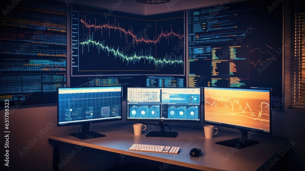 The side view of a multi computer screen displaying multiple financial ...