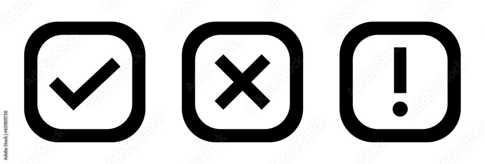 Vetor de Right wrong and exclamatory symbol icon set in black and white ... Vetor de Right wrong and exclamatory symbol icon set in black and white ...