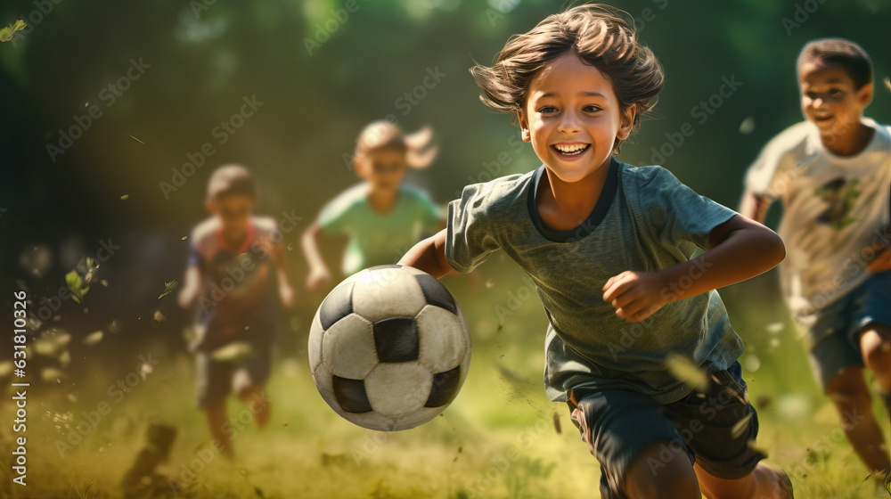 Children Playing Soccer Football. Running Action Shot in the Park ...