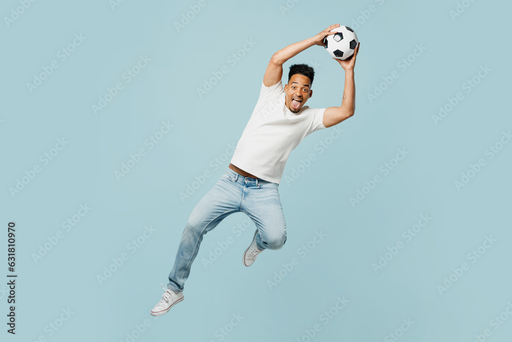 Full body goalkeeper happy fun young man fan wearing t-shirt cheer up ...