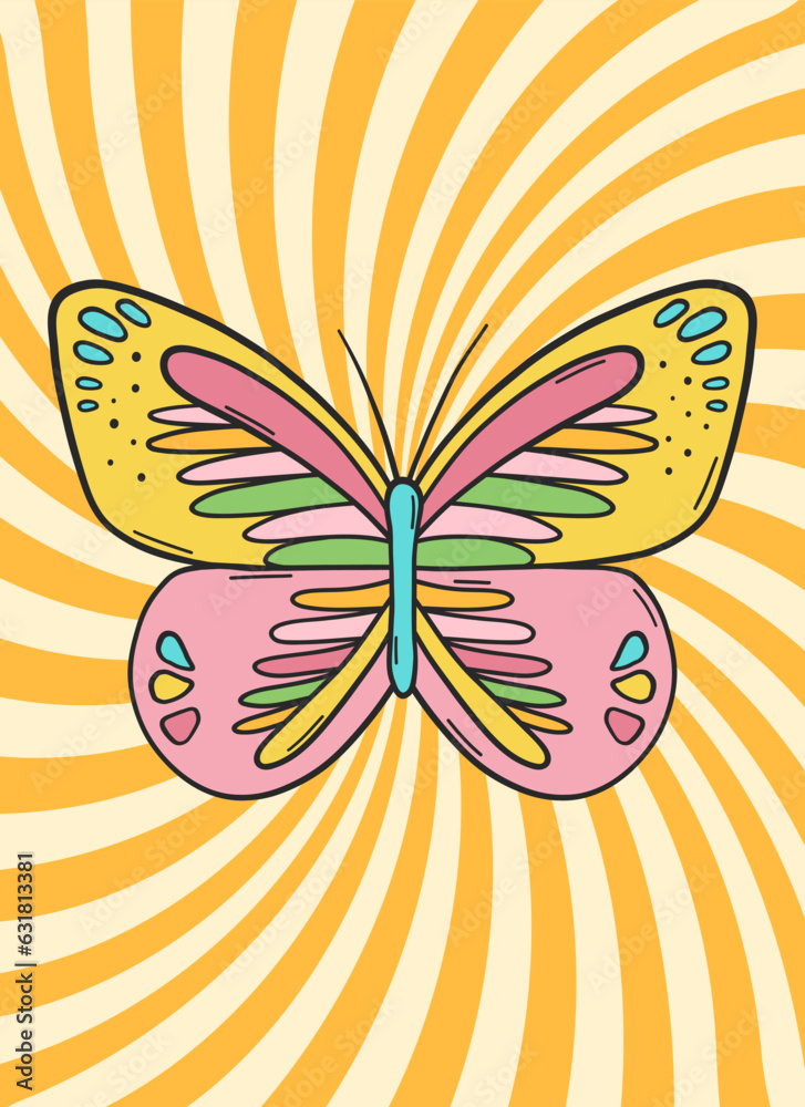 Groovy retro poster. Hippie style background. Groovy butterfly. 60s and ...