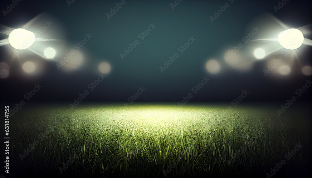 Empty grass field scene background with spotlights light. Night view of ...