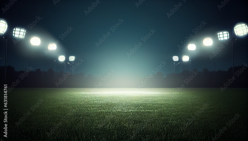 Empty grass field scene background with spotlights light. Night view of ...