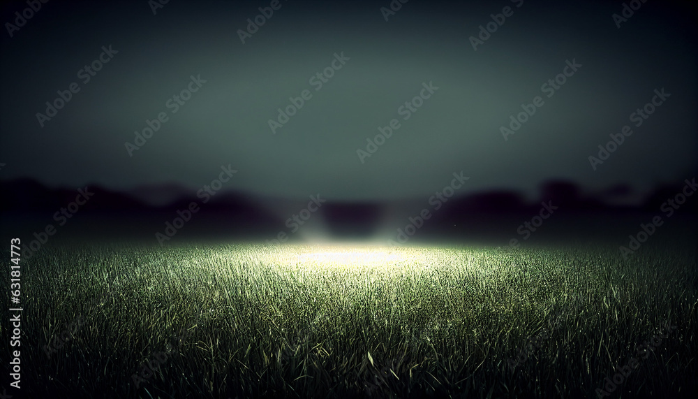 Empty grass field scene background with spotlights light. Night view of ...