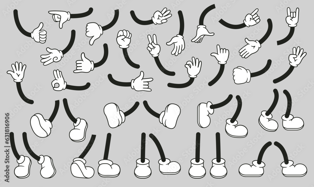 Cartoon hands in gloves and feet in shoes. Different foot movements and ...