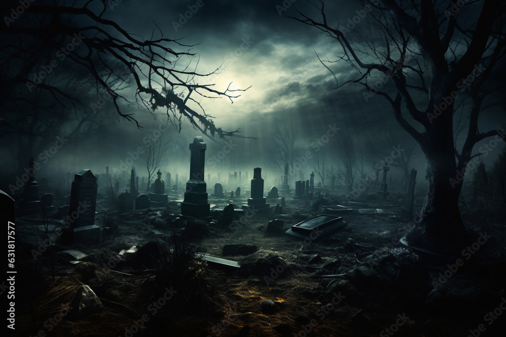 Halloween night background. Cemetery or graveyard in the night with ...