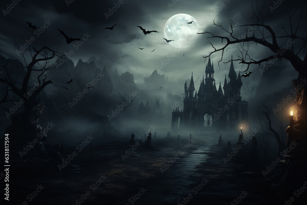 Halloween night background. Cemetery or graveyard in the night with ...