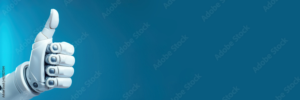 Banner with robot hand thumb up isolated on dark blue background ...