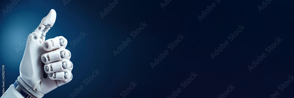 Banner with robot hand thumb up isolated on dark blue background ...