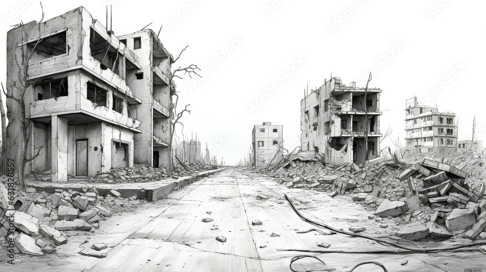 An abandoned city center with derelict buildings and broken roads ...