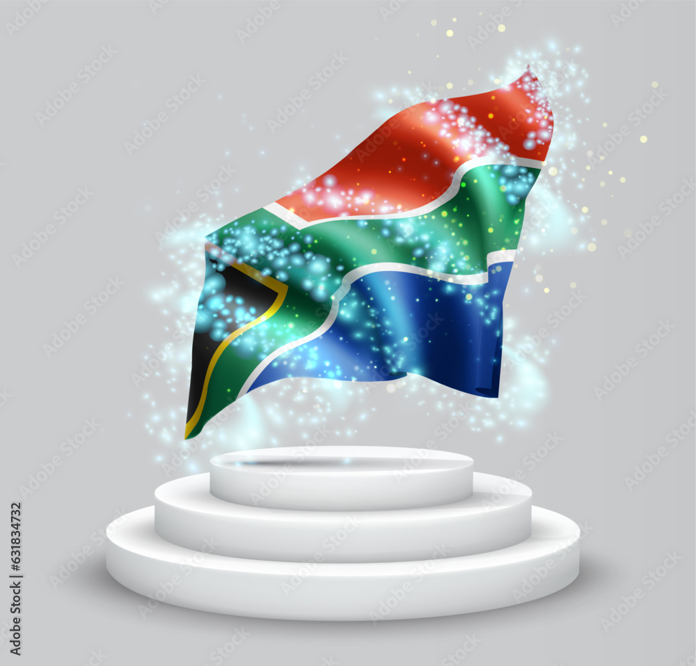 South Africa, vector 3d flag on the podium surrounded by a whirlwind of ...