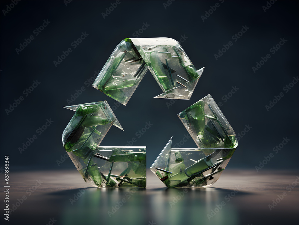 Recycling symbol made of plastic, upcycling, bottle caps, plastic bags ...