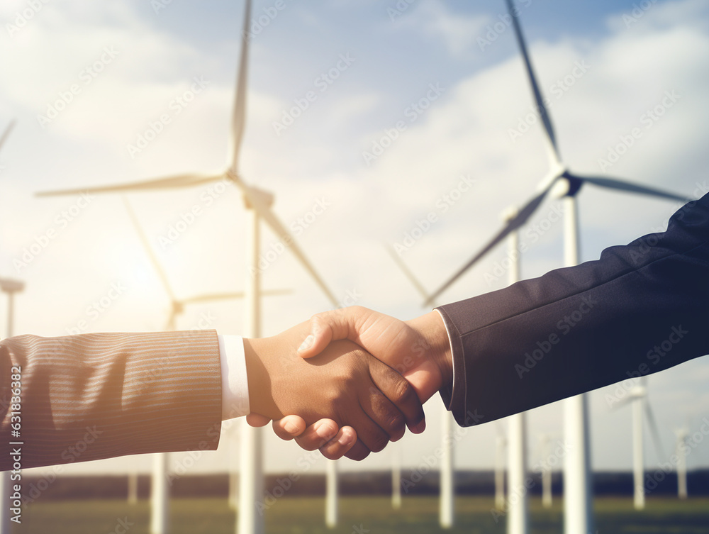 handshake in front of solar pannels and wind turbines, clean energy ...