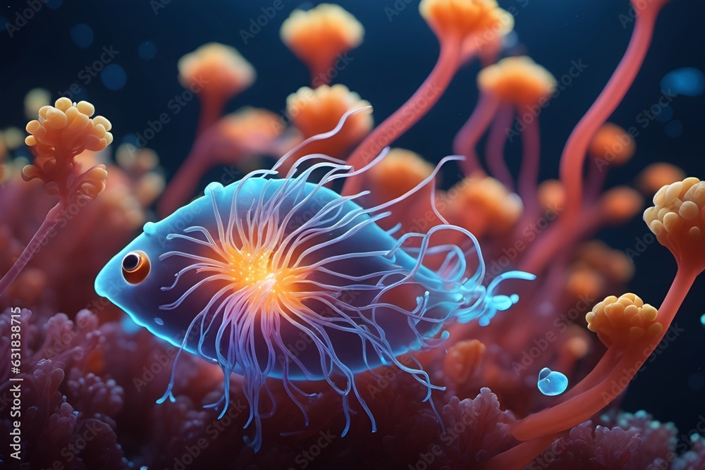 abstract coral reef. "Immerse in the wonders of bioluminescence ...