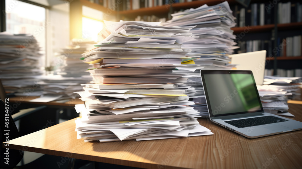 Stack of documents with pc lying on the office desk.Created with ...