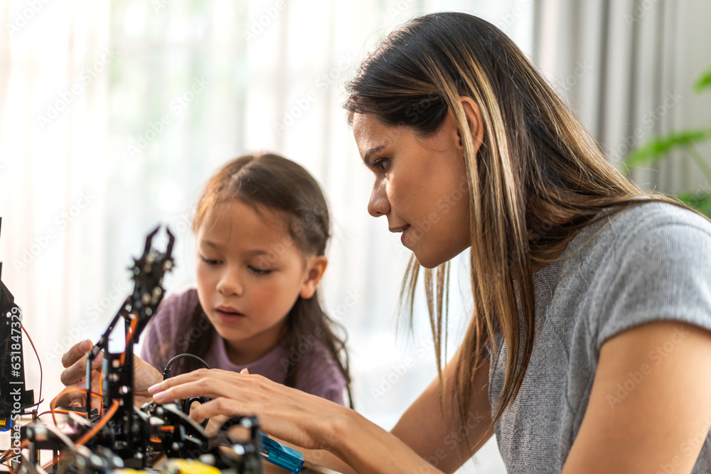 Portrait happy teacher help school children student having fun activity ...