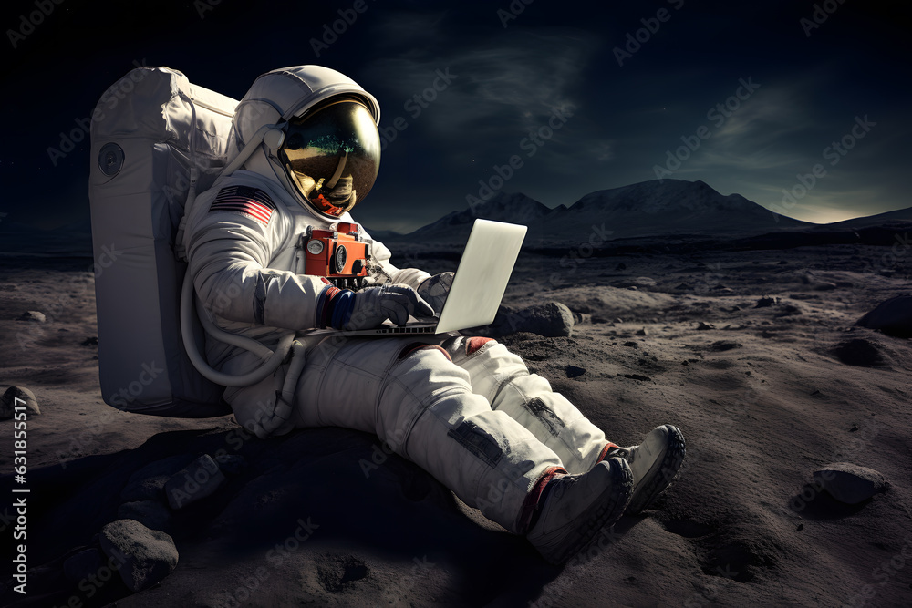 Astronaut uses his laptop while sitting on the moon, in style of photo ...