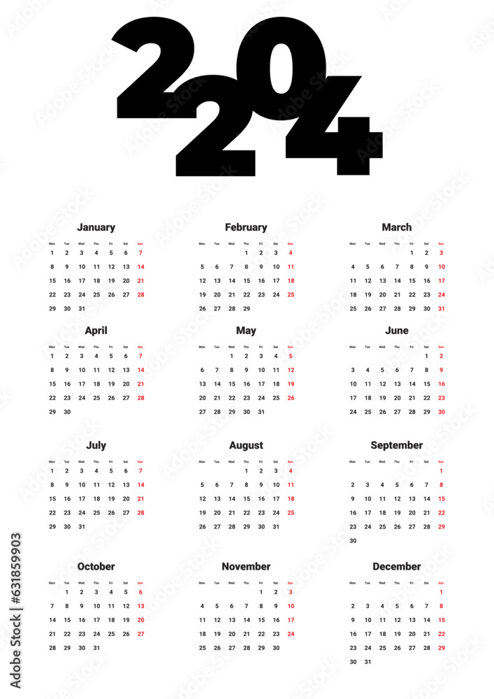 Annual calendar 2024 template on white background. Week starts on ...