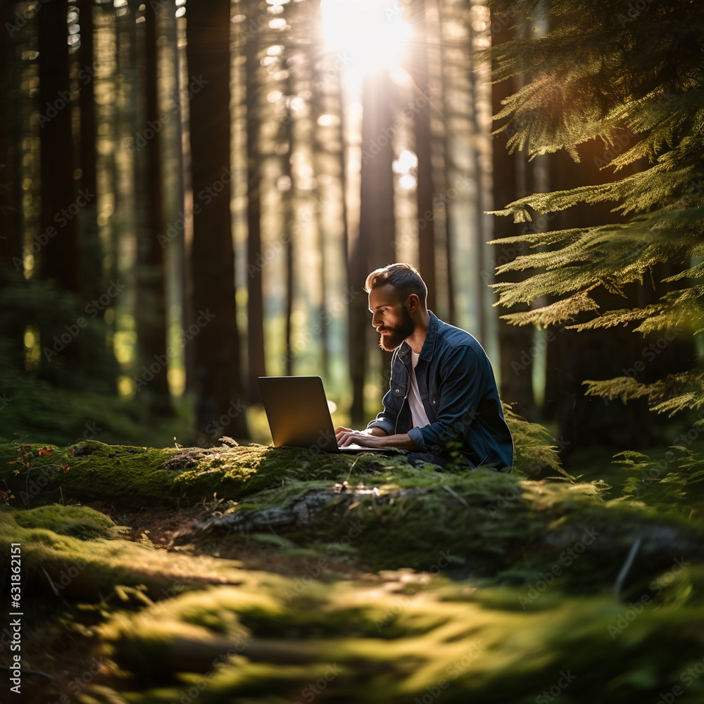 Man working in nature, teleworking, plant a tree, man with laptop in a ...