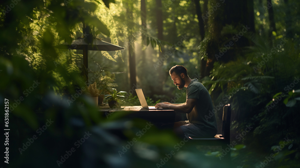 Man working in nature, teleworking, plant a tree, man with laptop in a ...