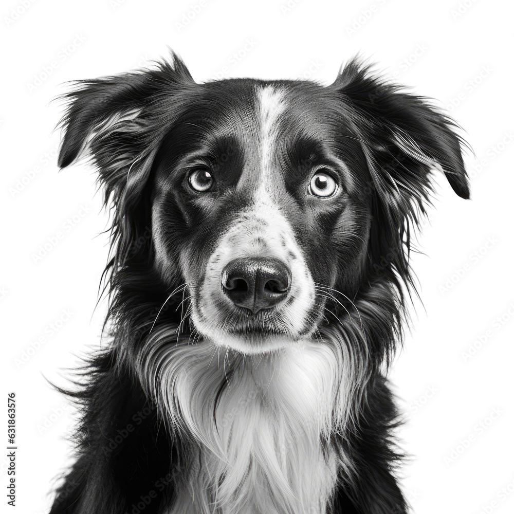 Black and white mixed breed dog portrait facing forward in a studio ...