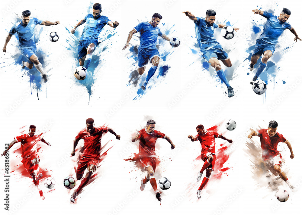 set of watercolor design of a red and blue soccer player. man isolated ...