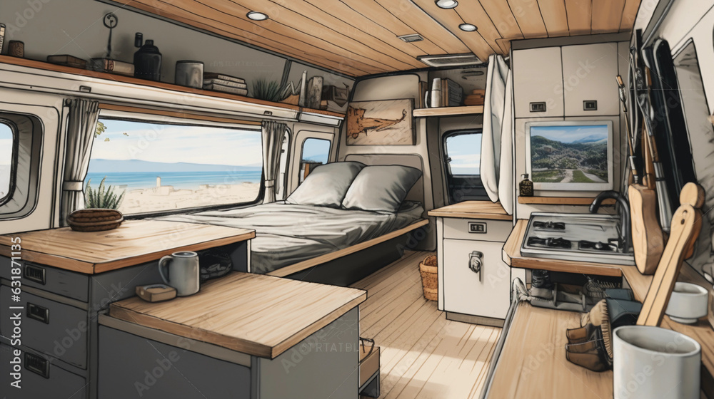 Inside view of a minimalist van life setup, with wooden interior, small ...